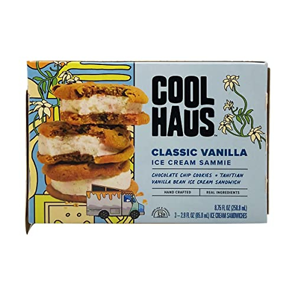 Coolhaus Classic Vanilla Ice Cream Sandwiches, 2.9 Ounce (Pack of 3), Chocolate Chip Cookies and Tahitian Vanilla Bean Ice Cream (Frozen)