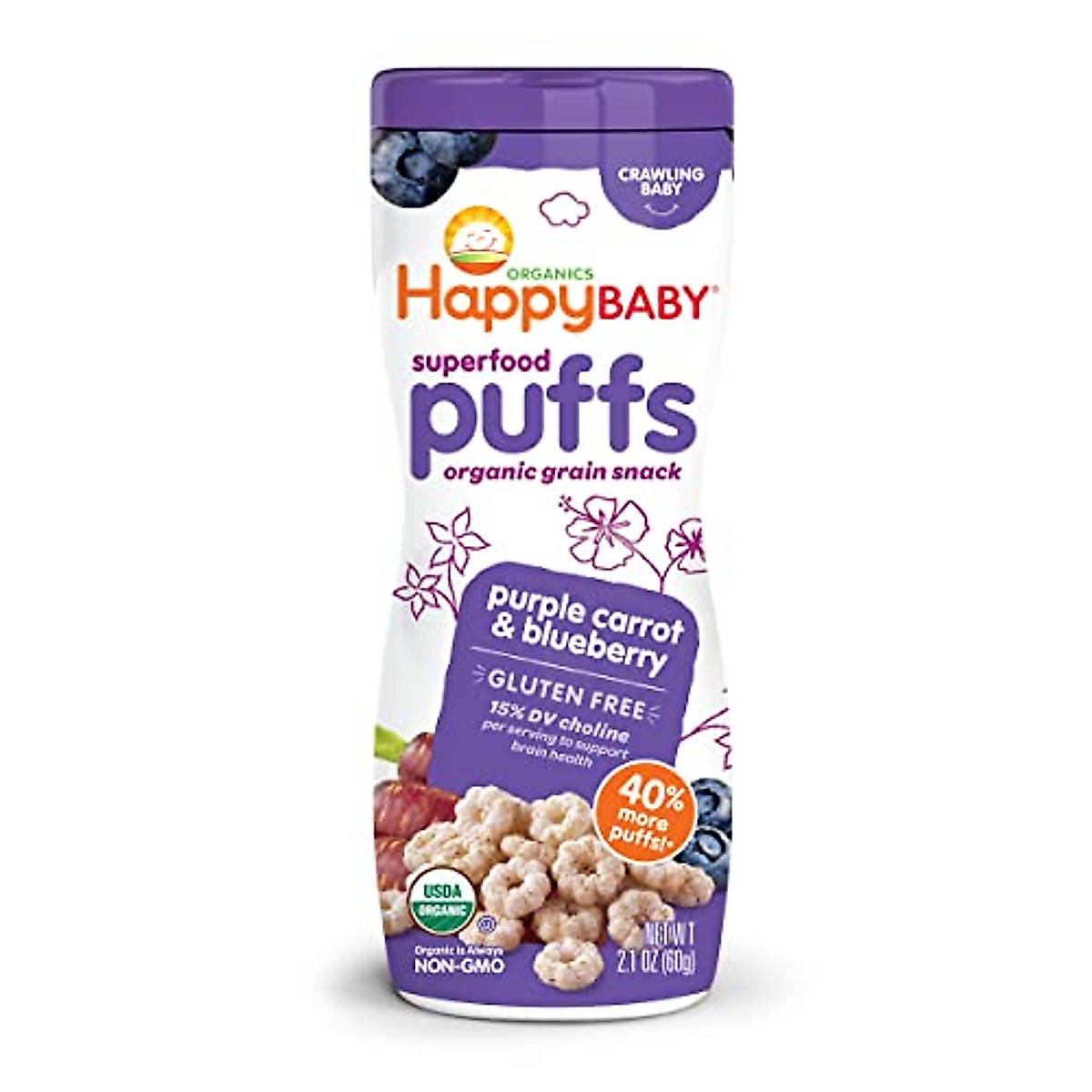 Happy Baby Organic Superfood Puffs Purple Carrot & Blueberry, 2.1 Ounce Canister Organic Baby or Toddler Snacks, Crunchy Fruit & Veggie Snack, Choline to Support Brain & Eye Health