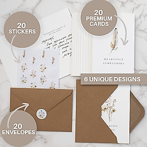 KIBAGA Beautiful Sympathy Cards Set of 20 with Envelopes and Stickers - Perfect Bulk Set To Express Your Condolences - Tasteful Floral and Feather Assortment w/a Simple Heartfelt Note of Condolence