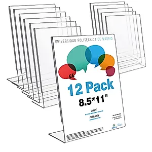 Acrylic Sign Holder 8.5 x 11 Inches, Slant Back Clear Table Top Display Plastic Stand, Double Sided, Display Stand, Acrylic Frame for Store, Homes, Restaurants, Offices - Vertical 12 Pack