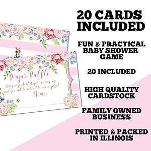 Little Rabbit Floral Themed Diaper Raffle Tickets for Girl Baby Showers, 20 2" X 3” Double Sided Insert Cards for Games by AmandaCreation, Bring a Pack of Diapers to Win Favors & Prizes!