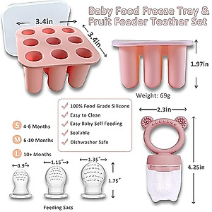 JEXFUN Silicone Baby Fruit Food Feeder Pacifier & Breastmilk Popsicle Freezer Molds, Baby Food Storage Containers Breast Milk Ice Cubes for Baby Teething & Infant Self Feeding, BPA Free (Pink)