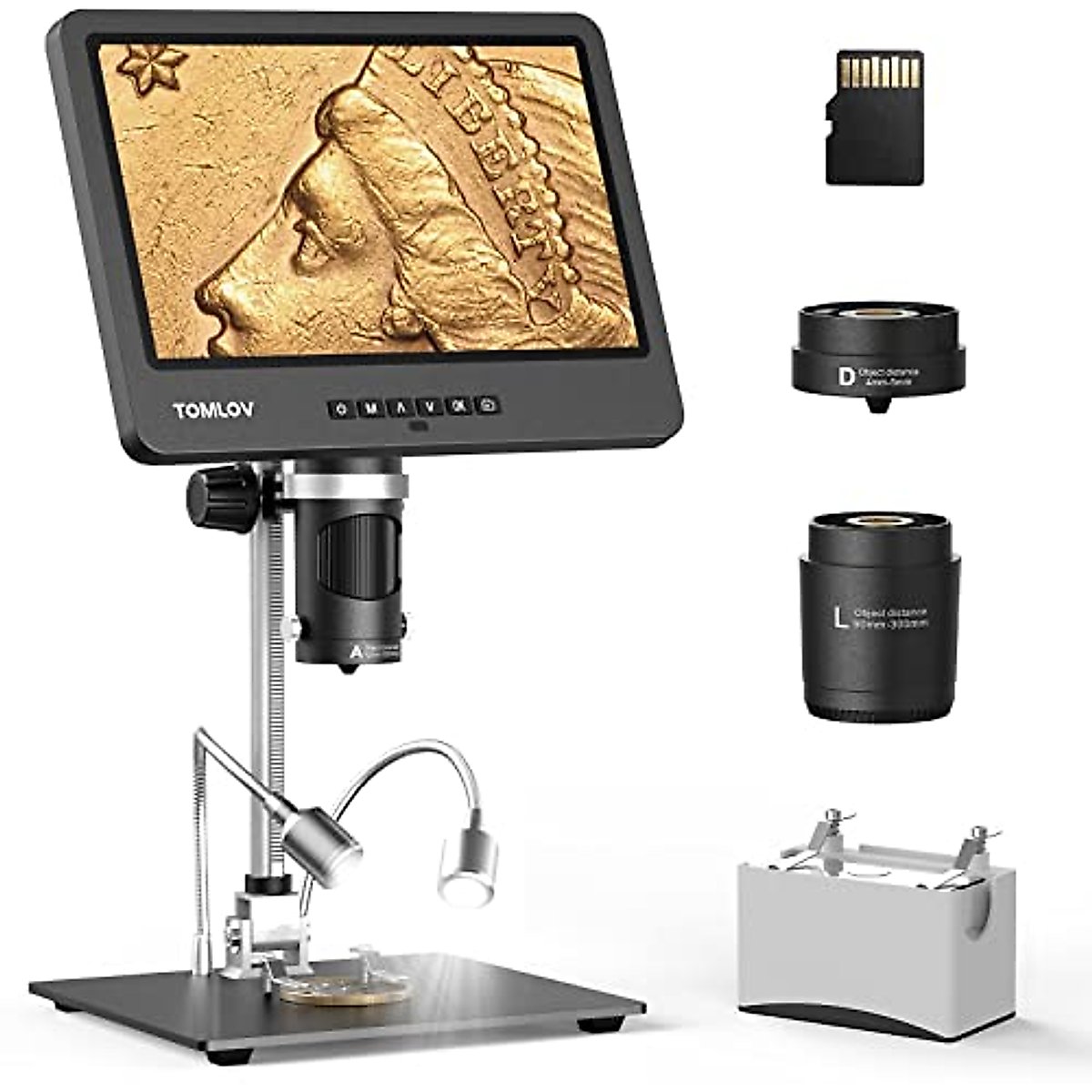 TOMLOV DM602 HDMI Digital Microscope with 3 Lens, Soldering Microscope with 10.1 Inch Screen, LCD Coin Microscope Full View, 2K Video Microscope for Adults, Biological Slide Microscope, 64GB