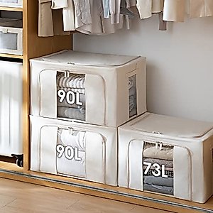 SHIMOYAMA Foldable Large Storage Bag, 2 Pack, 73L and 90 L, Fabric Stackable Containers with Metal Frame, Large Storage Box Set Organizer with Clear Window and Carry Handles for Bed, Closet