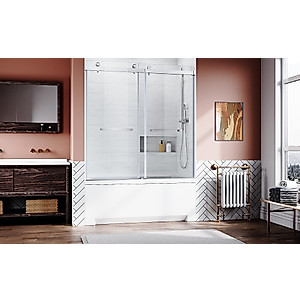 Frameless Sliding Bathtub Door 56-60 in.W x 62 in.H,Bypass Tub Glass Sliding Shower Doors,3/8"(10mm) Thick Clear Tempered Glass,Heavy Duty Stainless Steel Hardwares,2pcs Rectangle Handles,Brushed Nick