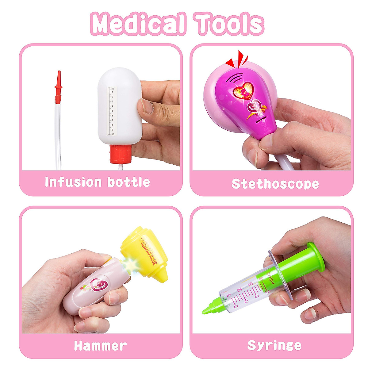 UNIH Doctor Cart Kit for Kids 3 4 5, Medical Play Set Realistic with Lights Toddlers Toys for Boys Girls 2-4 (Pink)