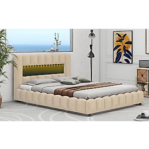 FEELHOME Queen Size Lift Up Storage Bed/Button Tufted Wingback Headboard/Hydraulic Storage/Upholstered Platform Bed Frame/No Box Spring Needed/Wood Slats Support/Light，Beige