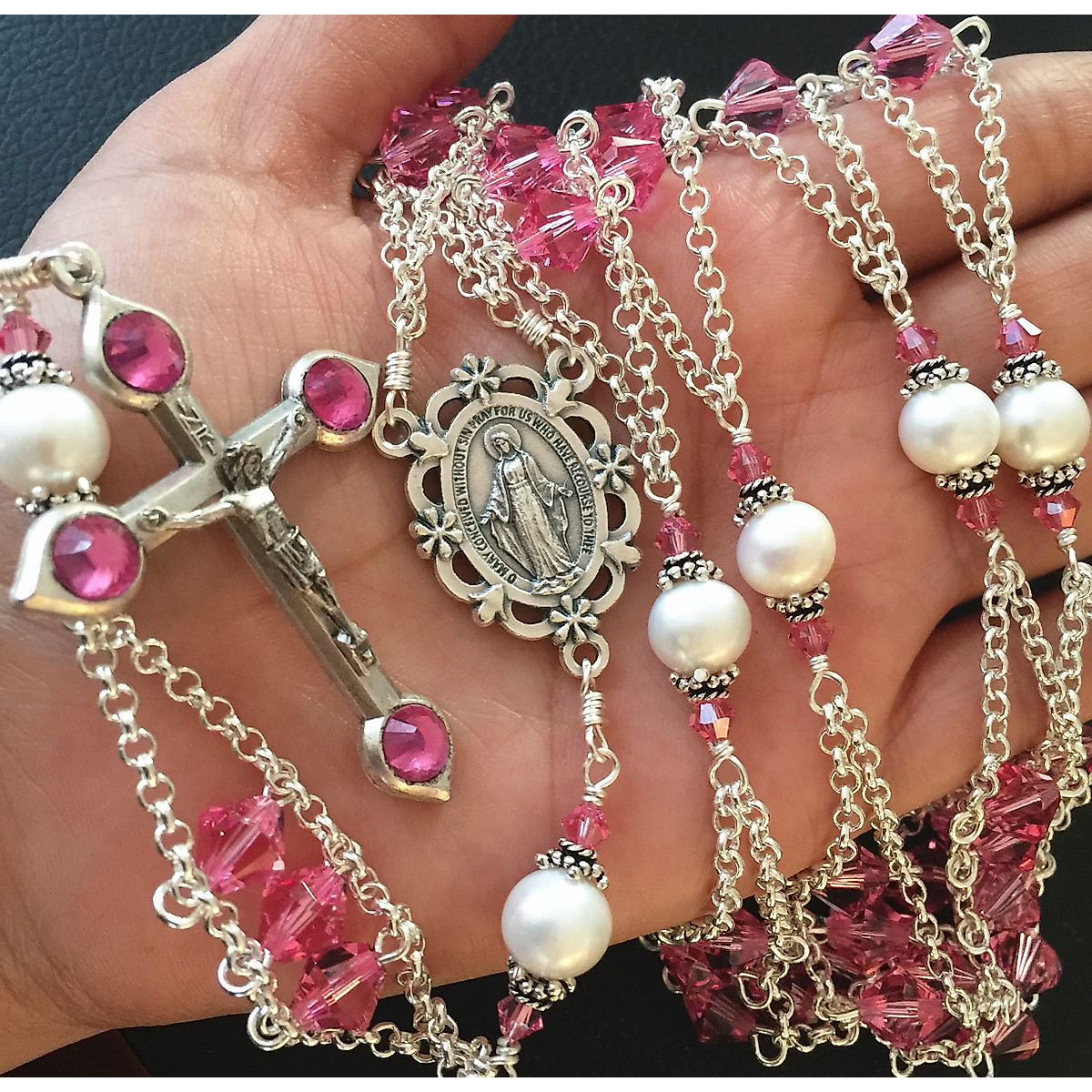 elegantmedical Ladder to Heaven Rose Pink Crystal & AAA10MM Real Pearl BEADS CATHOLIC ROSARY CROSS NECKLACE Sterling Silver beads caps