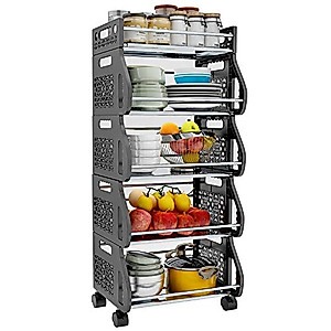 Baboies 5 Tier Fruit Vegetable Basket, Stackable Storage Cart with Wheels, Utility Rolling Stand Rack for Kitchen, Pantry, Garage, Produce, Onion, Potato