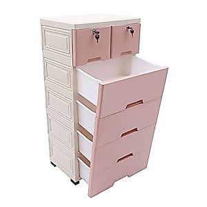 TOOL1SHOoo Cabinet Dresser Furniture Storage Drawer Chest Organizer Closet Plastic Drawers Clothes Organizer Tower Cabinet Bedroom Chest of Organizer 6 Drawers 4 Wheels (Pink)