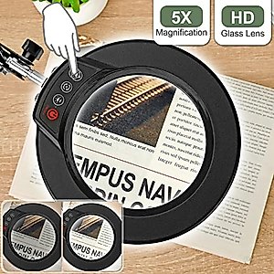 Krstlv 5X Magnifying Glass with Light and Clamp, Upgrade Button 5 Color Modes, Stepless Dimmable LED Lighted Desk Lamp, Hands Free Magnifier with Light and Stand for Craft Hobby Reading Close Work