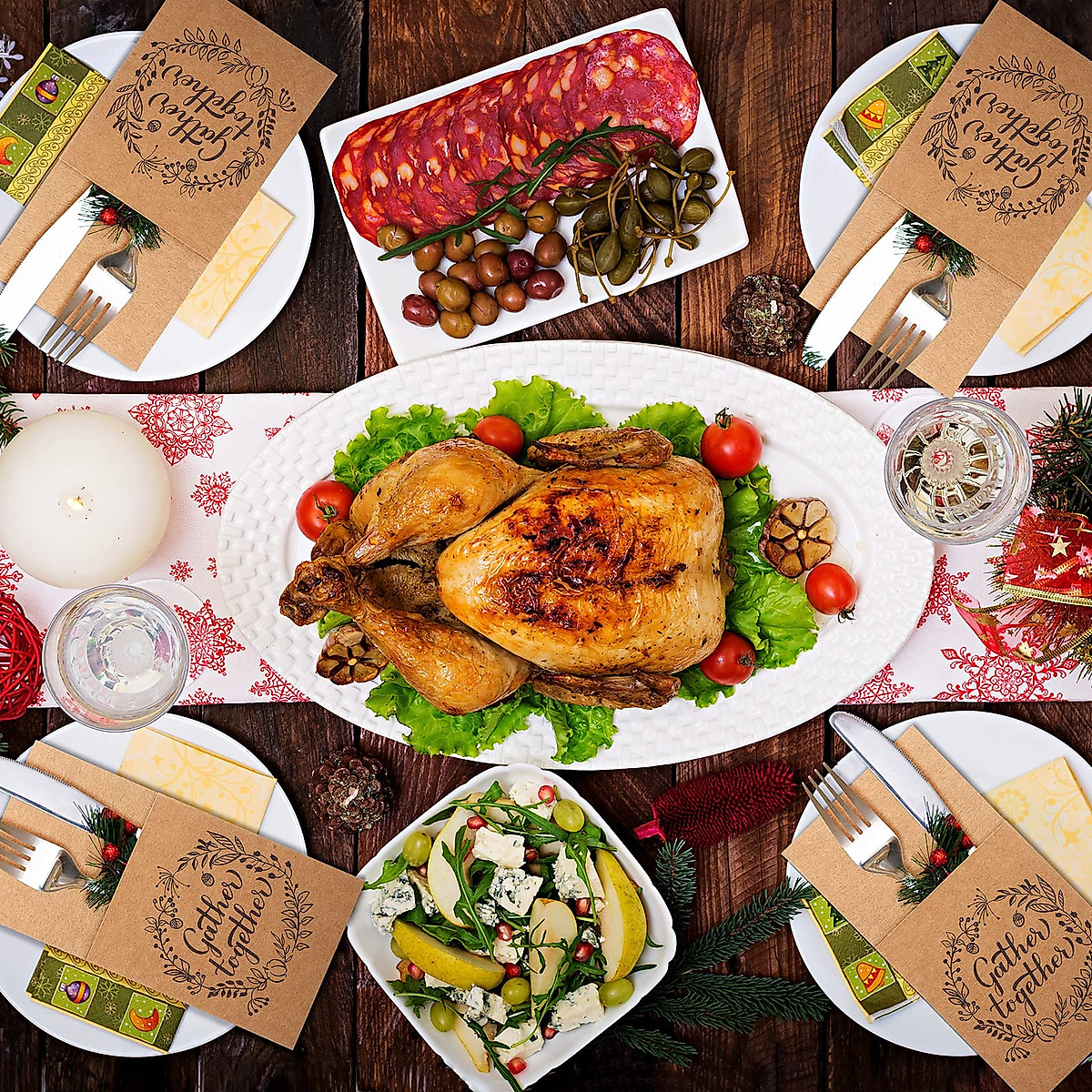 60 Pcs Thanksgiving Cutlery Holder Set Thanksgiving Turkey Utensil Holder Party Utensil Holder Pockets for Autumn Fall Harvest Party Favor Supply Table Decor