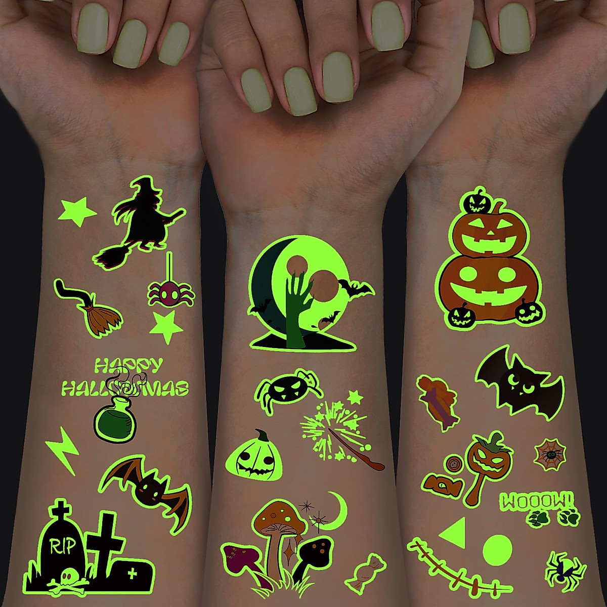 124 Pcs Halloween Temporary Tattoos Glow In Dark For Kids, Waterproof Glowing Luminous Fake Tattoo Stickers for Halloween Party, Jack-O-Lantern, Witch, Ghost Realistic Tattoo Sticker For Boy And Girls