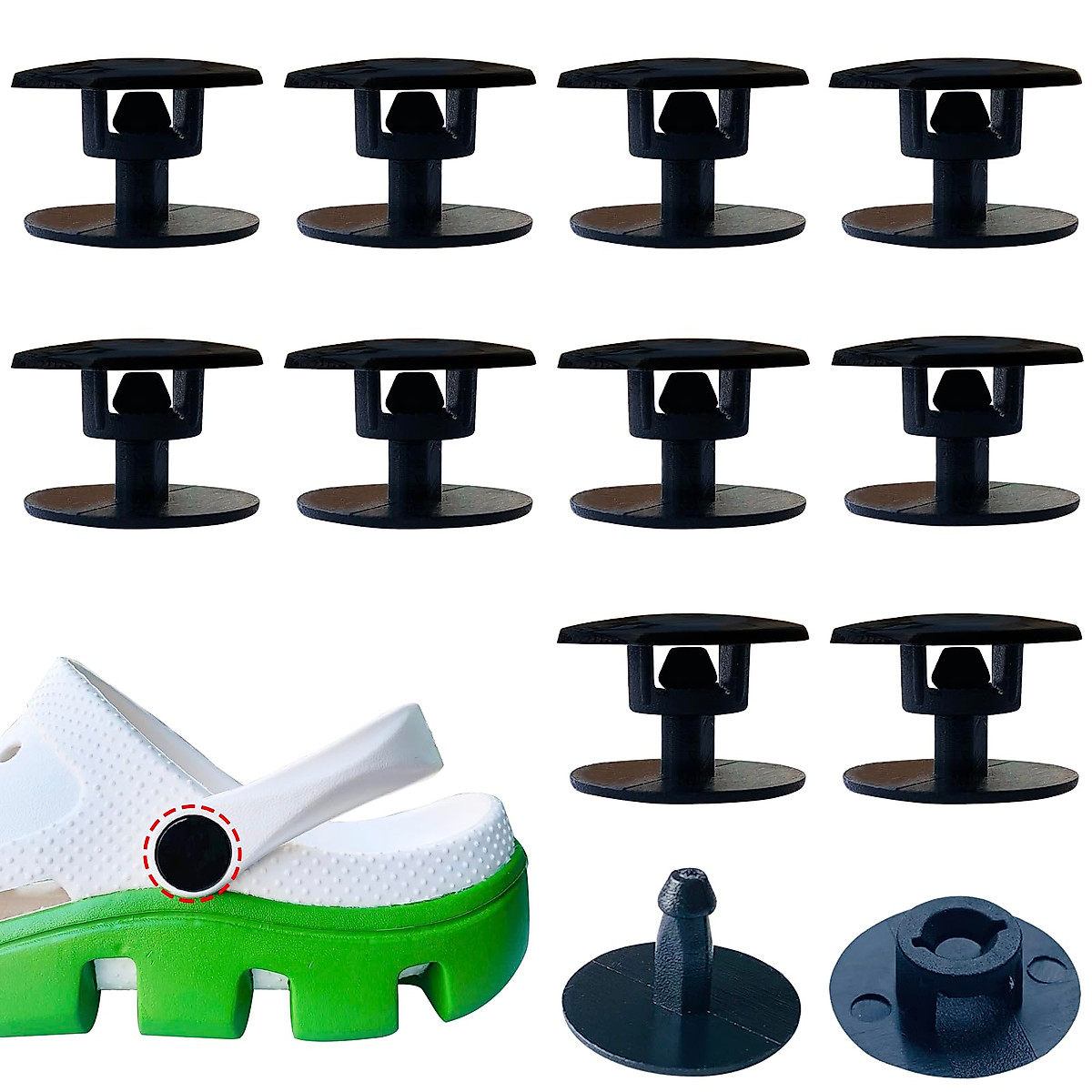 Lopau 10Sets Replacement Rivets for Croc, Replacement Strap Buttons Snap for Clogs EVA Shoes, Rivets Parts for Clog Shoe Strap Repair Kit(Black)