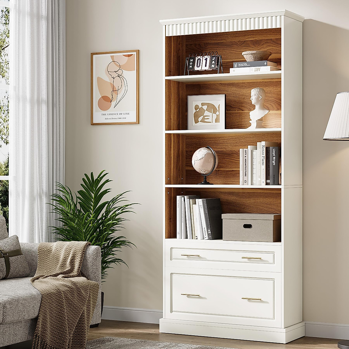 Tribesigns 5-Shelf Bookcase with File Cabinet Drawer, 72" Tall White Bookshelf, Modern Free-Standing Wood Bookcase, Large Open Display Storage Book Shelf for Living Room, Home Office, White & Oak