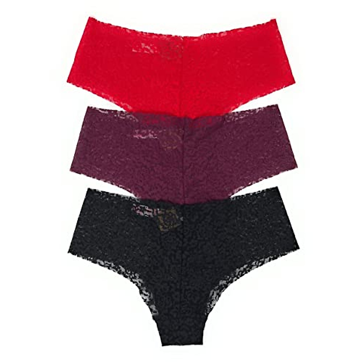 Victoria's Secret PINK Cheekster Panty Set of 3 Medium No Show Lace Red / Maroon / Black