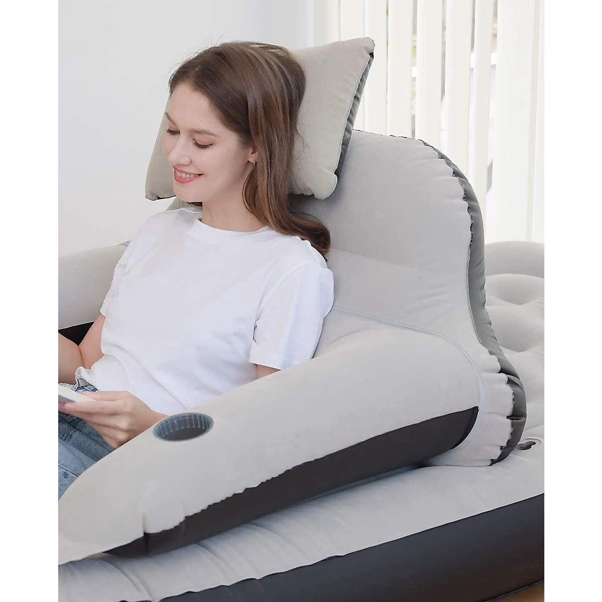 JEAOUIA Queen Air Mattress for Tents Camping - 9" Raised Portable Double Inflatable Couch with Soft Backrest Patch Kit - Blow Up Bed for Car Travel/Overnight Outdoors/Family Leisure