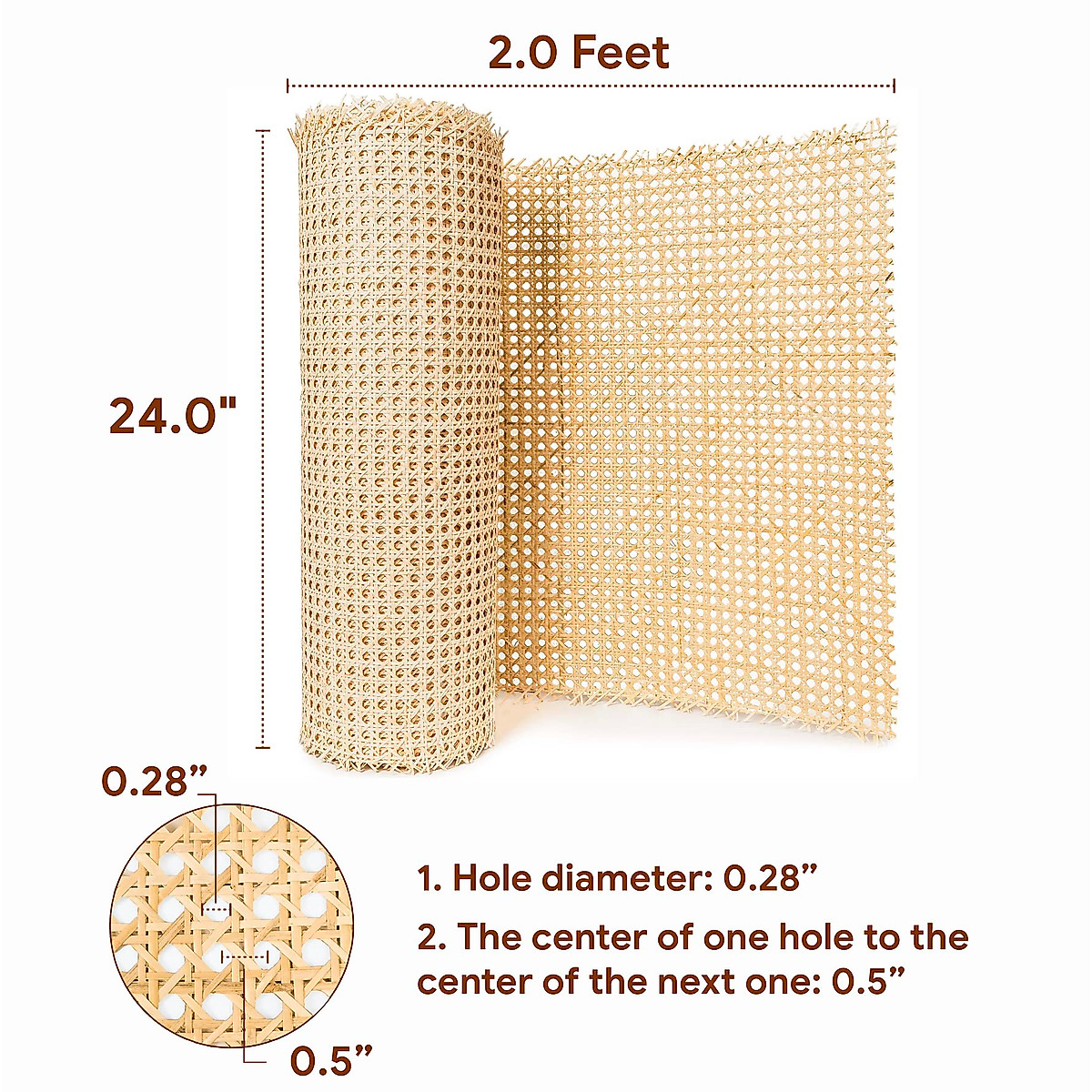 24" Width Rattan Cane Webbing Rattan Cane Webbing Roll 2 Feet Hexagon Weave Mesh 1/2 Inch Pre-Woven Cane Net Open Weave Wicker Cane Webbing Rattan Sheets Natural Material for Cabinet Chair (2 Feet)