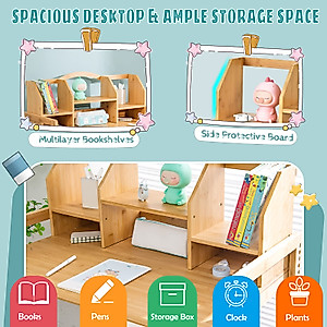 Costzon Kids Desk and Chair Set, Height Adjustable Bamboo Desk with Storage Hutch, Student Writing Computer Workstation for Bedroom, School, Children Study Table and Chair Set for Girls Boys Ages 3+