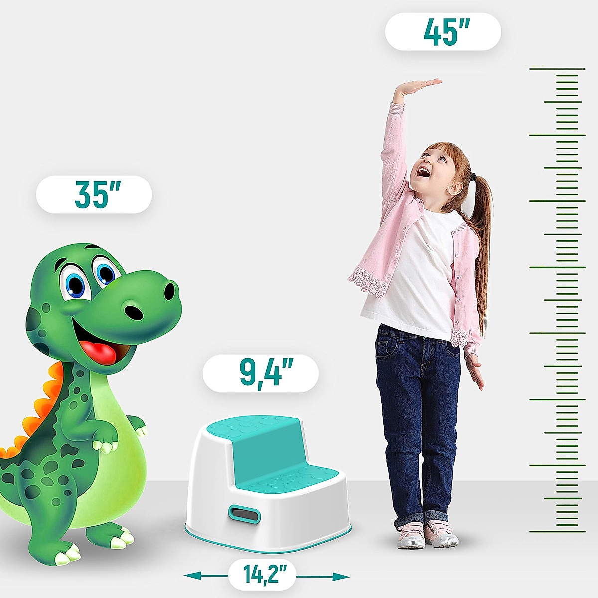 Toddler Step Stool for Kids - Dinosaur Two Step Stool for Bathroom Sink with Non-Slip Feet - Nursery Kids Step Stool for Potty Training - Baby Child Footstool for Boys Girls