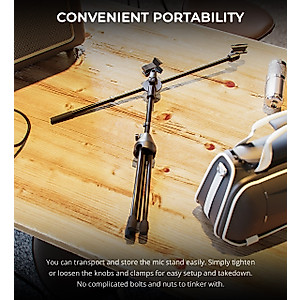 Blucoil Adjustable Microphone Stand with 2.3' - 4.1' Height, Rotating Boom Arm, Tripod Base, Dual Mic Clips - Compatible with AKG, Audio Technica, MXL, Samson, Blue Mic, sE Electronics, and More