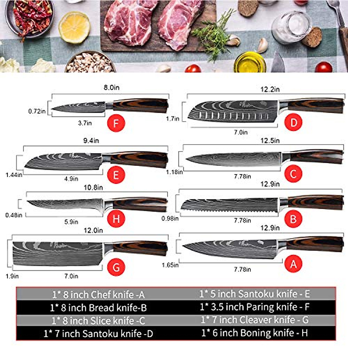 MDHAND Professional Kitchen Chef Knife Set, High-Carbon Stainless Steel Chef Knife Set, Chef Knife, Butcher knife, Bread Knife, 8 Piece Knifes set