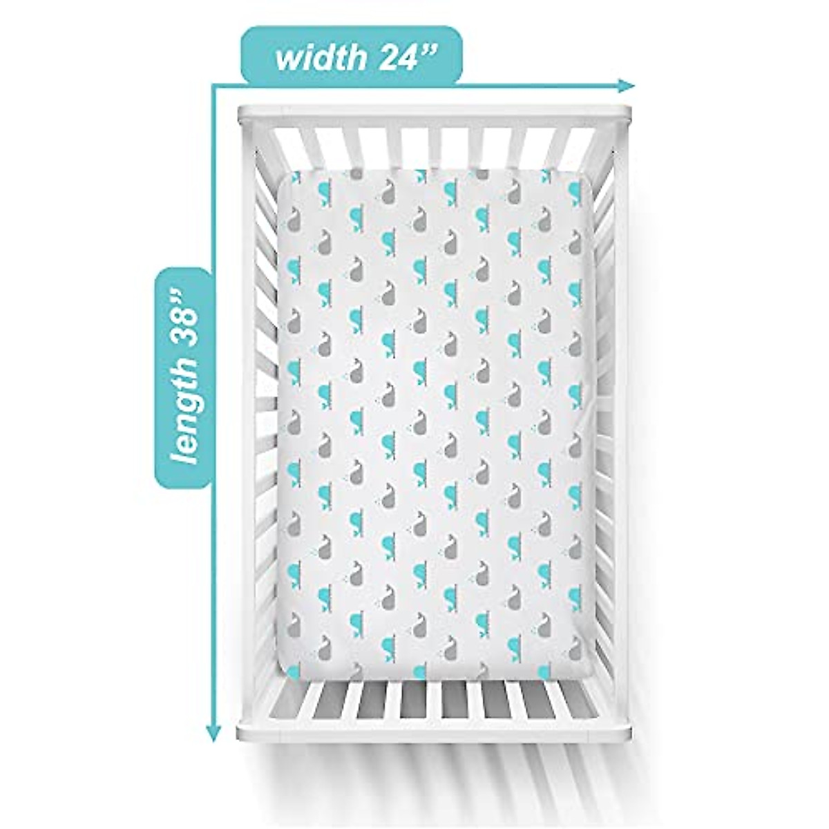 TL Care Fitted Mini Crib Sheet 24" x 38", Soft Breathable Neutral 100% Cotton Jersey Portable Sheet, Aqua Whale, for Boys and Girls, Fits Most Pack N Play and Mini Crib Mattresses
