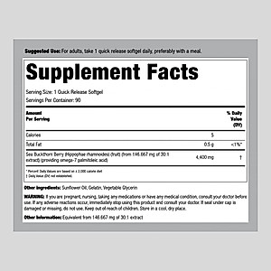 Piping Rock Sea Buckthorn Oil Capsules 4400mg | 90 Softgels | Sea Buckthorn Berry Extract | with Omega-7 | Gluten Free, Non-GMO