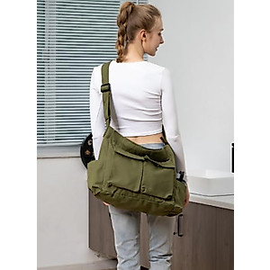 Women Canvas Hobo Messenger Handbags Large Crossbody Aesthetic Commuter Tote Bag with Multiple Pockets Adjustable Strap