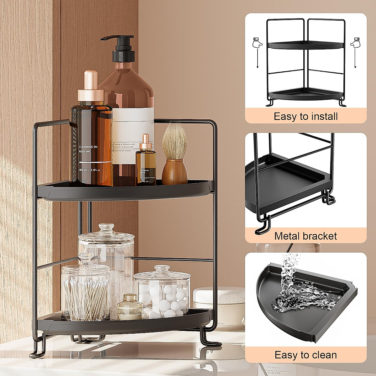NLBTW 2 Tier Corner Bathroom Countertop Organizer, Stackable Storage Shelf for Vanity Makeup Perfume Shelf, Kitchen Spice Rack or Bedroom Small Object Storage Standing Counter (Black & Black)