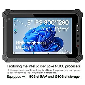 Rugged Windows11 Tablet with Barcode Scanner, 8" IP65 Enterprise Inventory Tablet Equip with N4680 Scan Engine 1D 2D Barcode Scanning, NFC Reader, 4G WiFi Pad Scanner for WMS ERP