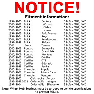 MAYASAF 513121 Front Wheel Hub Bearing Assembly for Chevy Impala/Venture/Monte Carlo, for Buick Century/Rendezvous/Terraza, for Cadillac DeVille/DTS, for Pontiac Grand Prix Olds Aurora