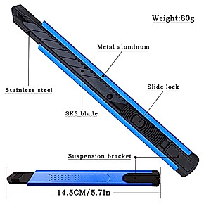 FeiLyKi 25MM Box Cutter Carpet knife Heavy Duty Utility Knife Ratchet Lock,9MM Aluminum alloy Exacto Knife Retractable,2Pack SK5 Snap Off blades-2061