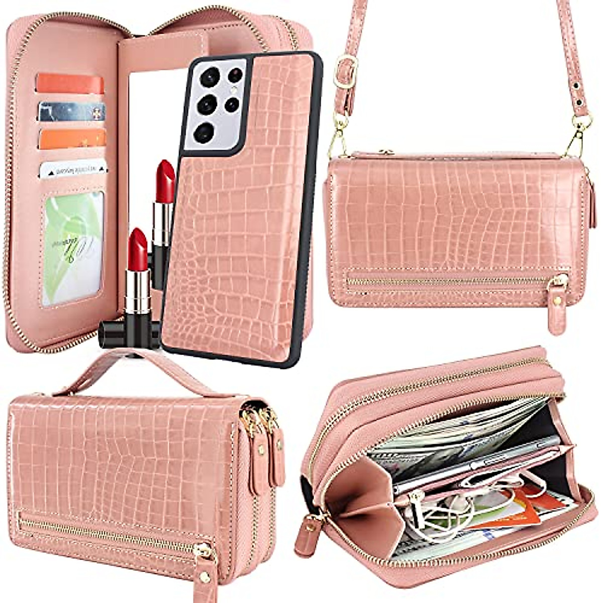 Harryshell Compatible with Samsung Galaxy S21 Ultra 5G (6.8") Case Wallet Multi Zipper Detachable Magnetic Cover Card Slots Holder Money Pocket Mirror Crossbody Strap (Crocodile Rose Gold)