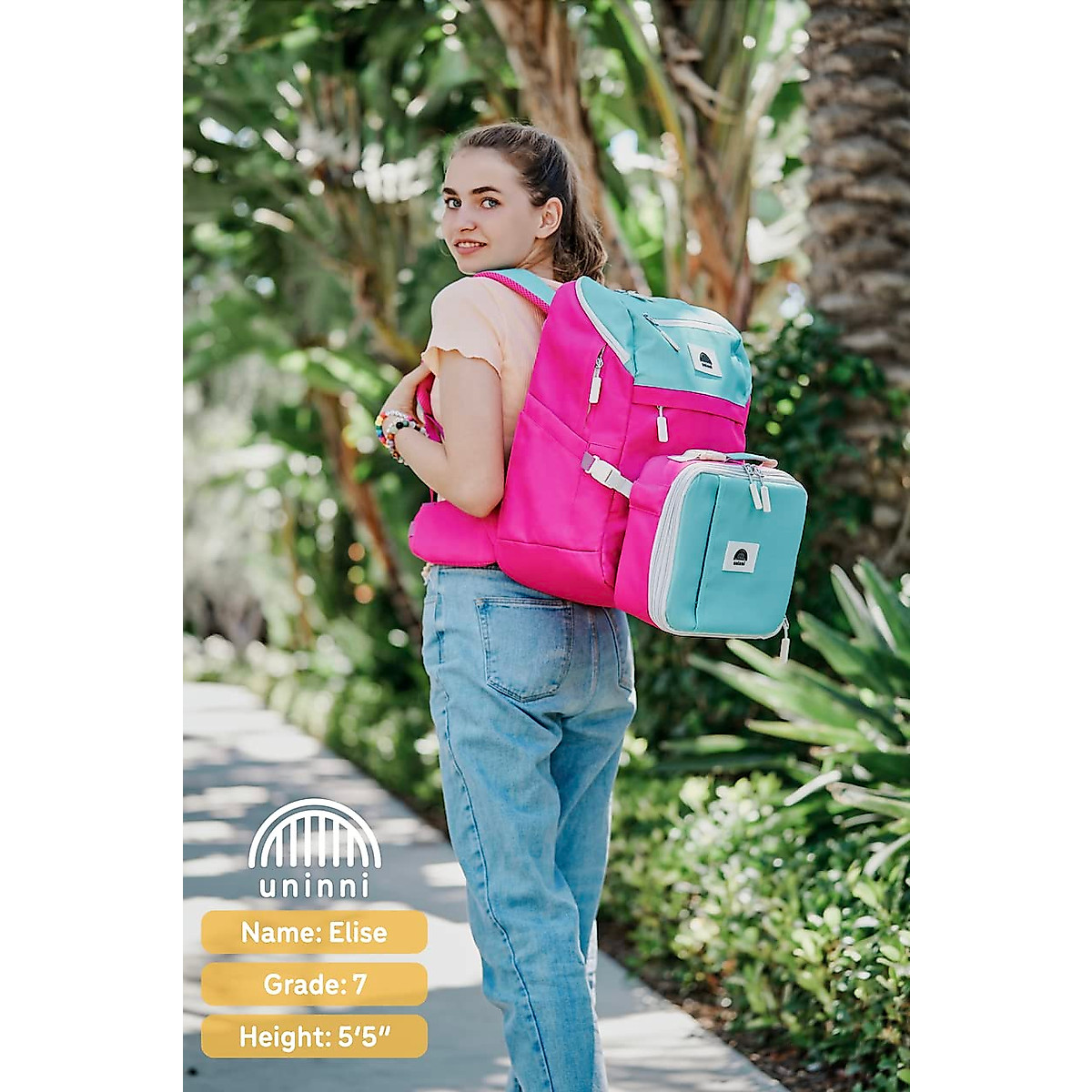 uninni 16" Kid's Backpack for Girls and Boys Age 6+ with Padded, and Adjustable Shoulder Straps. Fits for Height 3'9" Above Kids (Color Block Fuchsia/Green)