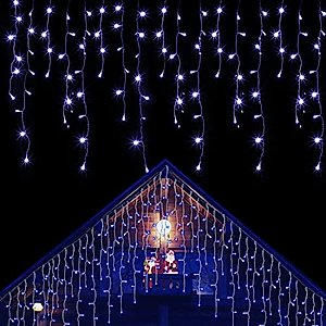 Blissun 360 LED Iciclelights, 29.5FT 8 Modes Curtain Fairy Lights with 60 Drops, Christmas Outdoor String Lights for Wedding Halloween Thanksgiving Party Home Garden Indoor Decorations, Blue