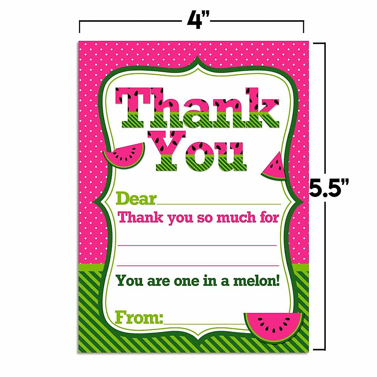 Pink Watermelon Sweet Celebration Birthday Thank You Notes, Ten 4" x 5.5" Fill In The Blank Cards with 10 White Envelopes by AmandaCreation