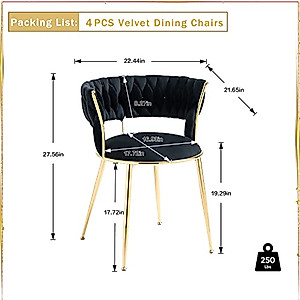 SmartDer Velvet Dining Chairs Set of 4, Upholstered Dining Room Chairs with Woven Backrest, Modern Kitchen Dinner Chair, Tufted Accent Vanity Armchair for Dining Room, Living Room, Bedroom, Black