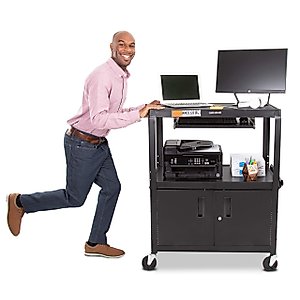 Line Leader Extra Wide AV Cart with Locking Cabinet, Rolling Computer Desk, Height Adjustable Utility Cart with Pullout Keyboard Tray & UL-Listed Power Strip, Great for Projectors (42 x 32 x 20in)