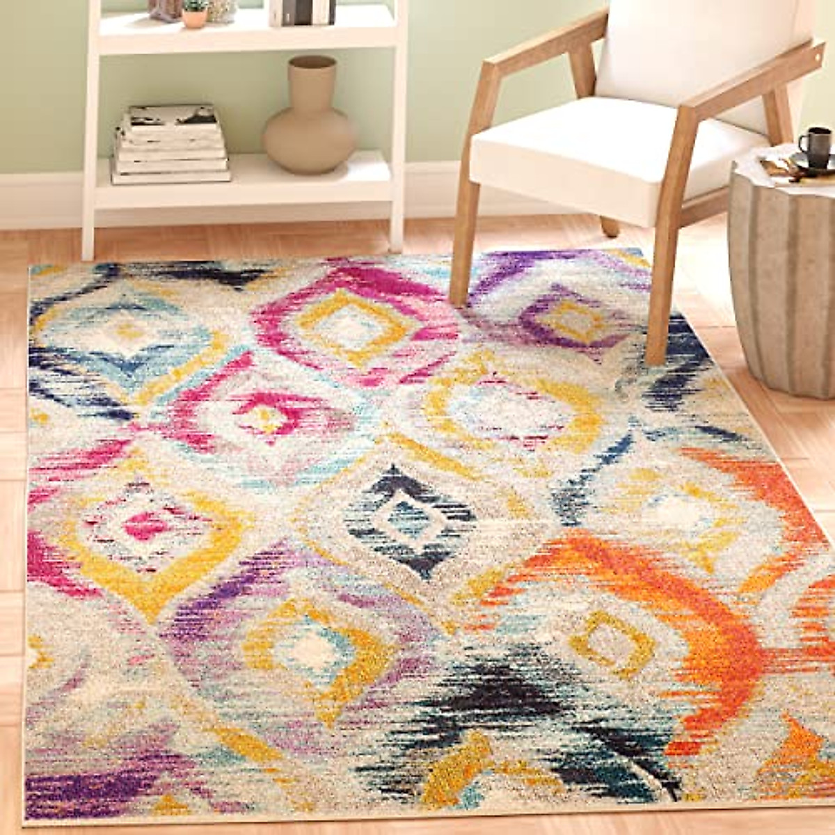 SAFAVIEH Monaco Collection 5'1" x 7'7" Multi MNC242F Ogee Trellis Watercolor Distressed Non-Shedding Living Room Bedroom Area Rug