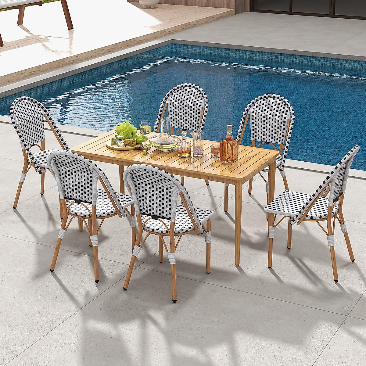 Tangkula French Bistro Chair Set of 4, Outdoor Armless Dining Chairs with Hand-Woven Rattan, Accent Chairs with Galvanized Metal Frame for Garden Kitchen Backyard Porch (Black & White)