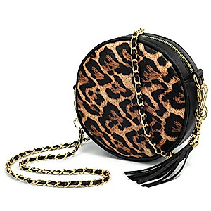 Women Round Cross Body Bag Tassel Circle Purse Chain Shoulder Handbag Clutch Wristlet (Leopard)
