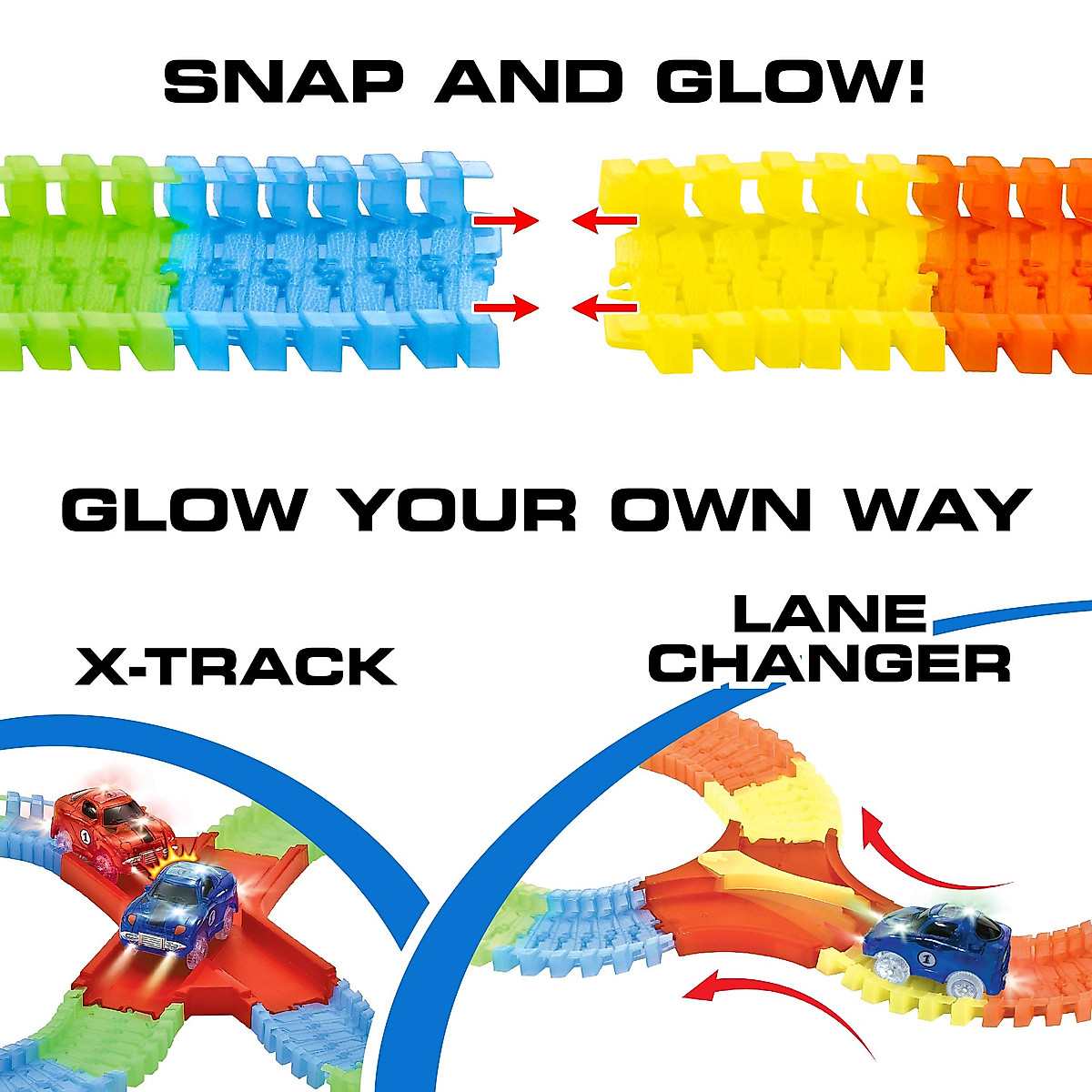 USA Toyz Large Glow Trax Race Tracks for Kids- 380pc Glow in The Dark Race Car Track Set with 360pk Rainbow Flexible Tracks, Roundabout Ramp, Bridges, Ramps, 2 Toy Cars, STEM Toys for Boys and Girls