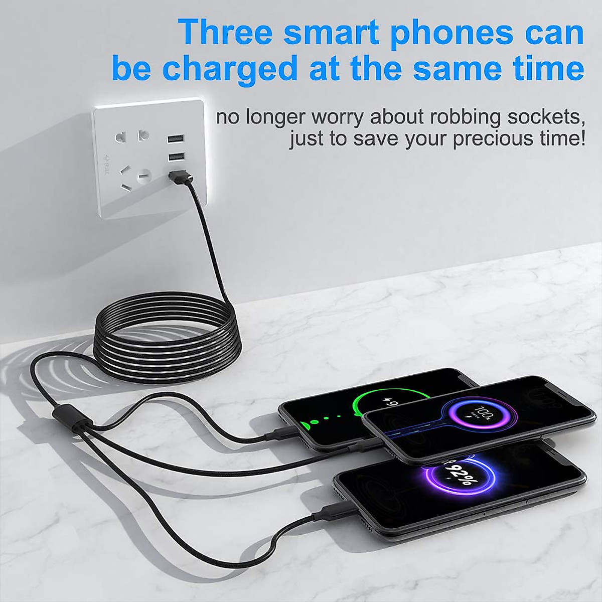 Multi 3 in 1 USB Long iPhone Charging Cable, 3M/10Ft Nylon Braided Universal Phone Charger Cord USB C/Micro USB/Lightning Connector Adapter for Android/Apple/Samsung/LG/Pixel/Huawei/XiaoMi(Black)