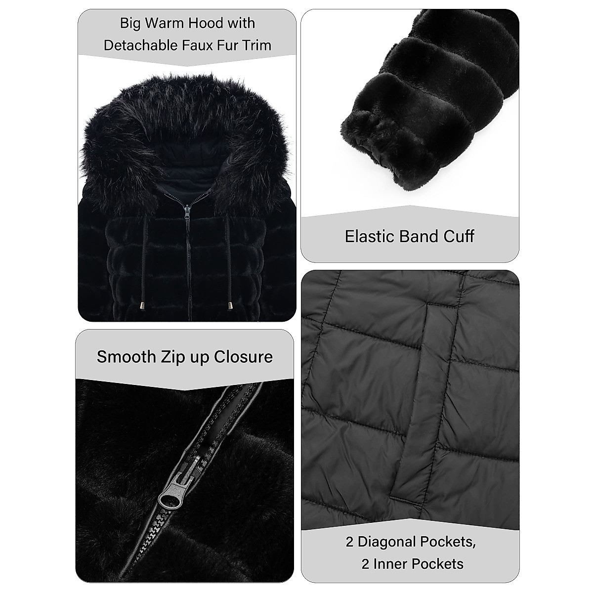 Bellivera Women Double Sided Faux Fur Jacket with Fur Collar, The Puffer Coat Worn on Both Sides 19225 Black S