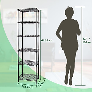 HESESOH 6-Wire Shelving Adjustable Shelves, Standing Storage Shelf for Laundry Bathroom Kitchen Pantry Closet Organization (Glossy Black, 16.6" L x 11.4" W x 64.6" H)