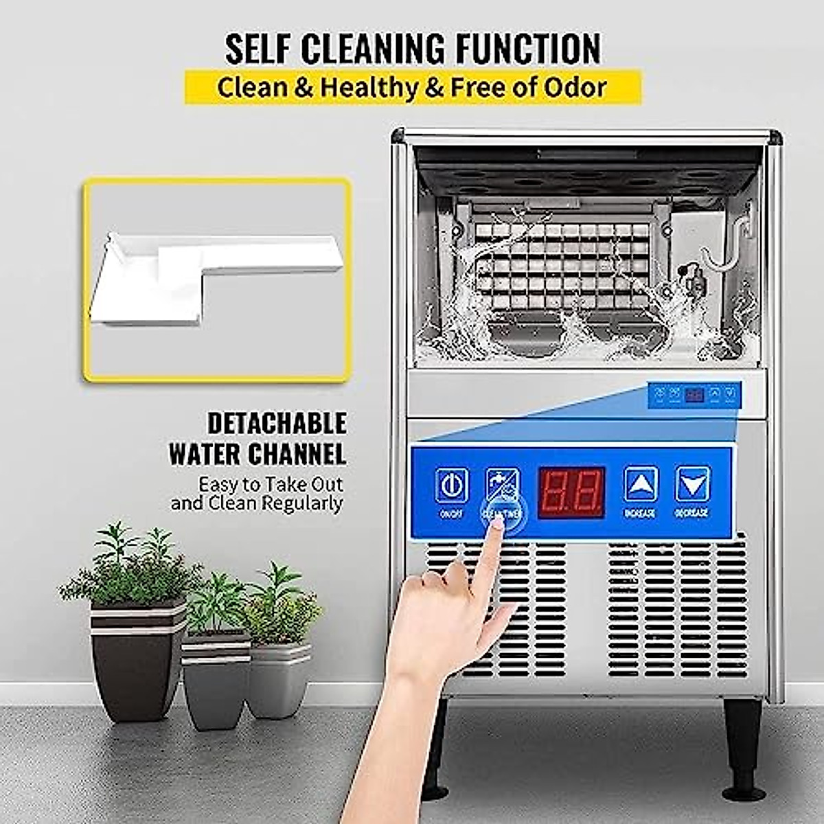 Commercial Ice Maker Machine - 110V, 170LBS/24H, ETL Approved Stainless Steel, 66LBS Bin, Auto Clean, Clear Cube, Air-Cooled, Water Filter, Drain Pump - Ideal for Restaurant, Bar, and Office