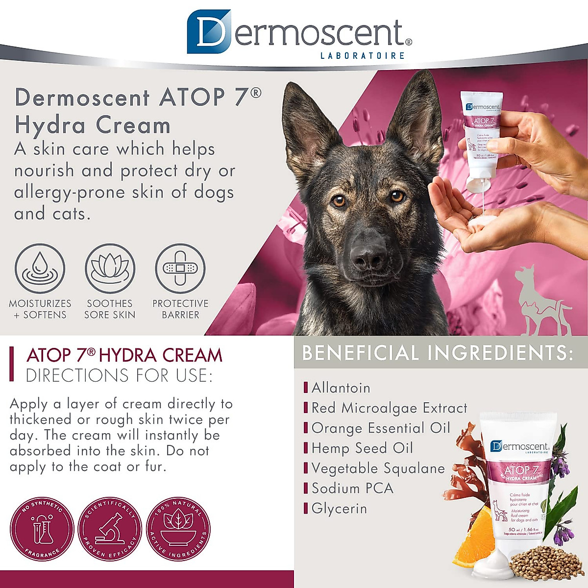 Dermoscent ATOP 7 Hydra Cream for Dogs & Cats for Dry & Allergy-Prone Skin Relief - Veterinarian Dermatologist Formulated - 50 ml / 1.66 fl. oz.