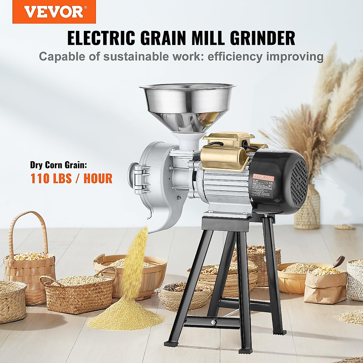 VEVOR Electric Grain Mill Grinder, 3000W Spice Grinders, Commercial Corn Mill with Funnel, Thickness Adjustable Powder Machine, Heavy Duty Feed Flour Cereal Mill Wheat Grinders, Dry & Wet Grinder