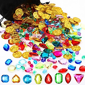 Gejoy 430 Pieces Pirate Party Decorations Pirate Treasure Jewels and Pirate Gold Fake Coins Playset with Drawstring Bag for Halloween Pirate Adventure Themed Party Decorations Pirate Party Favors